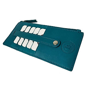 Leatherboss Genuine Leather Women's All in One Credit Business Card Case Holder Slim Zipper Wallet With a Card Protection Strap, Teal Blue