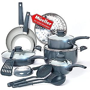 Mueller Pots and Pans Set Nonstick 16-Piece Healthy Stone Kitchen Cookware Sets - PFOS, PFOA Free, Stainless Steel Steamer, Butter Warmer, Deep Fry Pan, Sauce Pan, Pot, Vented Glass Lids, Light Grey