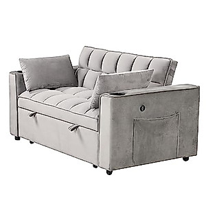 FULife 58" Convertible Sofa Couch with Pull-Out Sleeper,Adjustable Loveseat Armchair Single Bed Chair with Cup Holder,USB Port,Side Pocket&Pillows for Living Room/Apartment/Office/Studio/Small Place