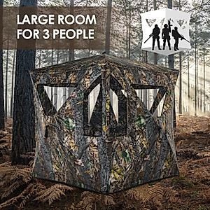 GYMAX Hunting Blind, 3 Persons Pop Up Ground Blind with Shooting Hole, Windows & Silent Sliding, 360 Degree See Through Portable Durable Hunting Tent, Camouflage Ground Blind for Deer Turkey Hunting
