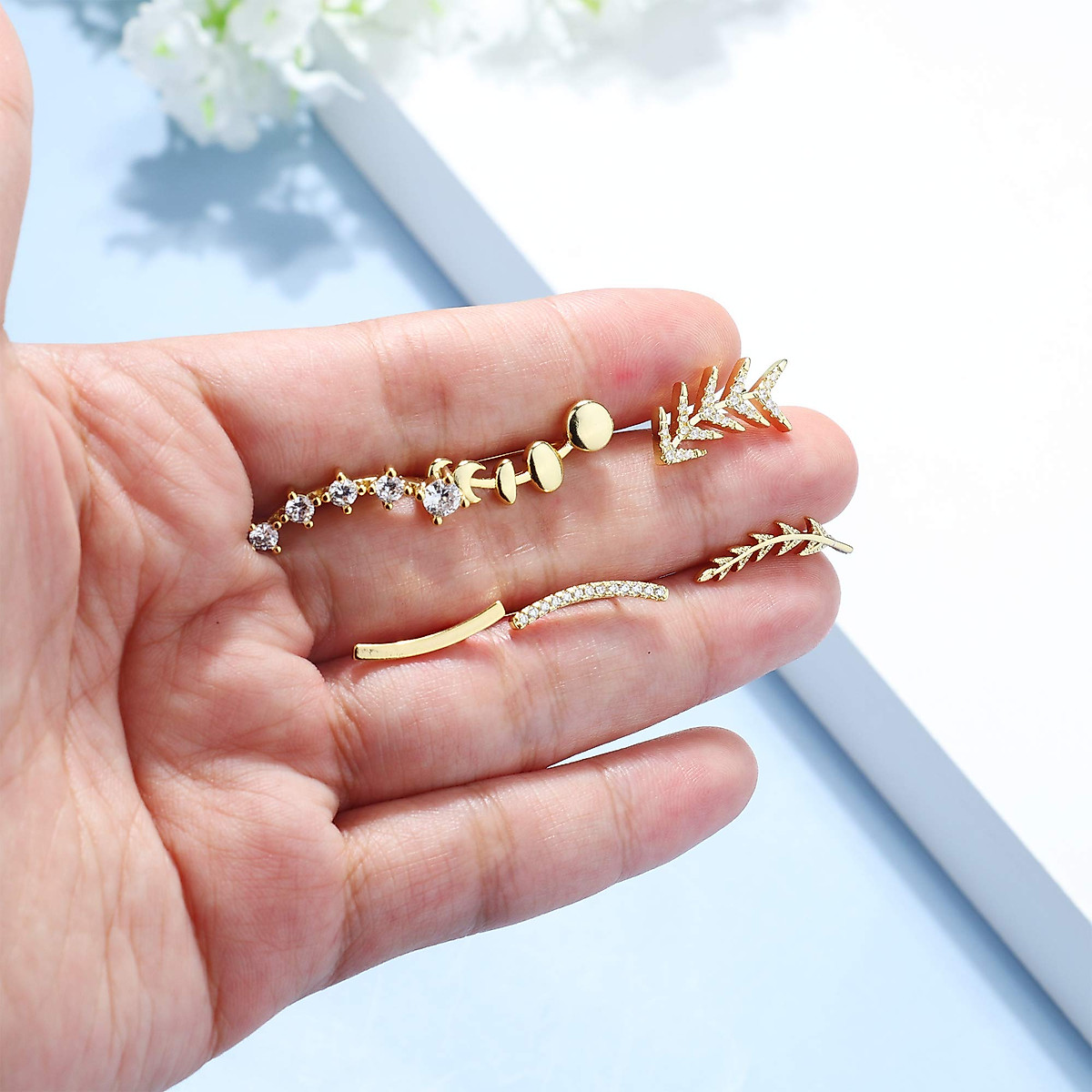 LOYALLOOK 6 Pairs Ear Cuffs Hoop Climber Earrings for Women CZ Leaf Crawler Stud Earring Ball Arrow Cuff Earrings Set, Gold