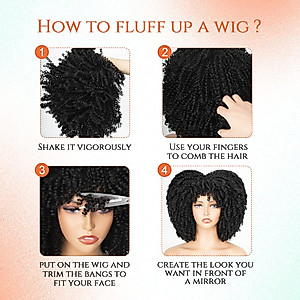 Aminow Afro Kinky Curly Wigs for Black Women Glueless Synthetic Short Curly Afro Wig with Bangs Natural Black 12 Inch