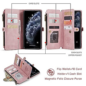 Defencase iPhone 11 Pro Max Wallet Case, PU Leather Magnetic Flip, Wristlet Strap, Zipper Card Holder, 6.5", Rose Pink