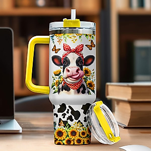 99OWL Cow Gifts, Tumbler 40 Oz With Handle Lid And Straw, Freaking Cow Sunflower, Funny Handle Cows Women Modern Adults Steel Print Coffee Tumblers Swig Simple Glitter Yellow Cups