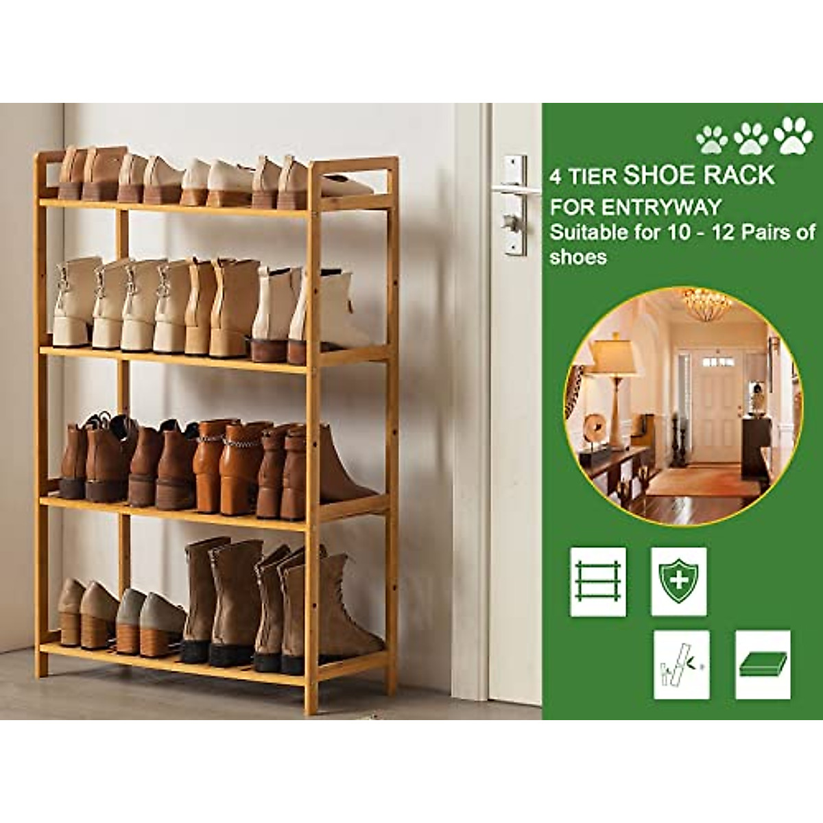 Wooden Shoe Rack 4 Tier | Bamboo and Wood Boot Rack Cowboy Boots Organizer Adjustable Shoes Storage Shelf for Entryway | Living Room | Bedroom | Bathroom | Balcony, Easy Installation, H40 x L28 x W10