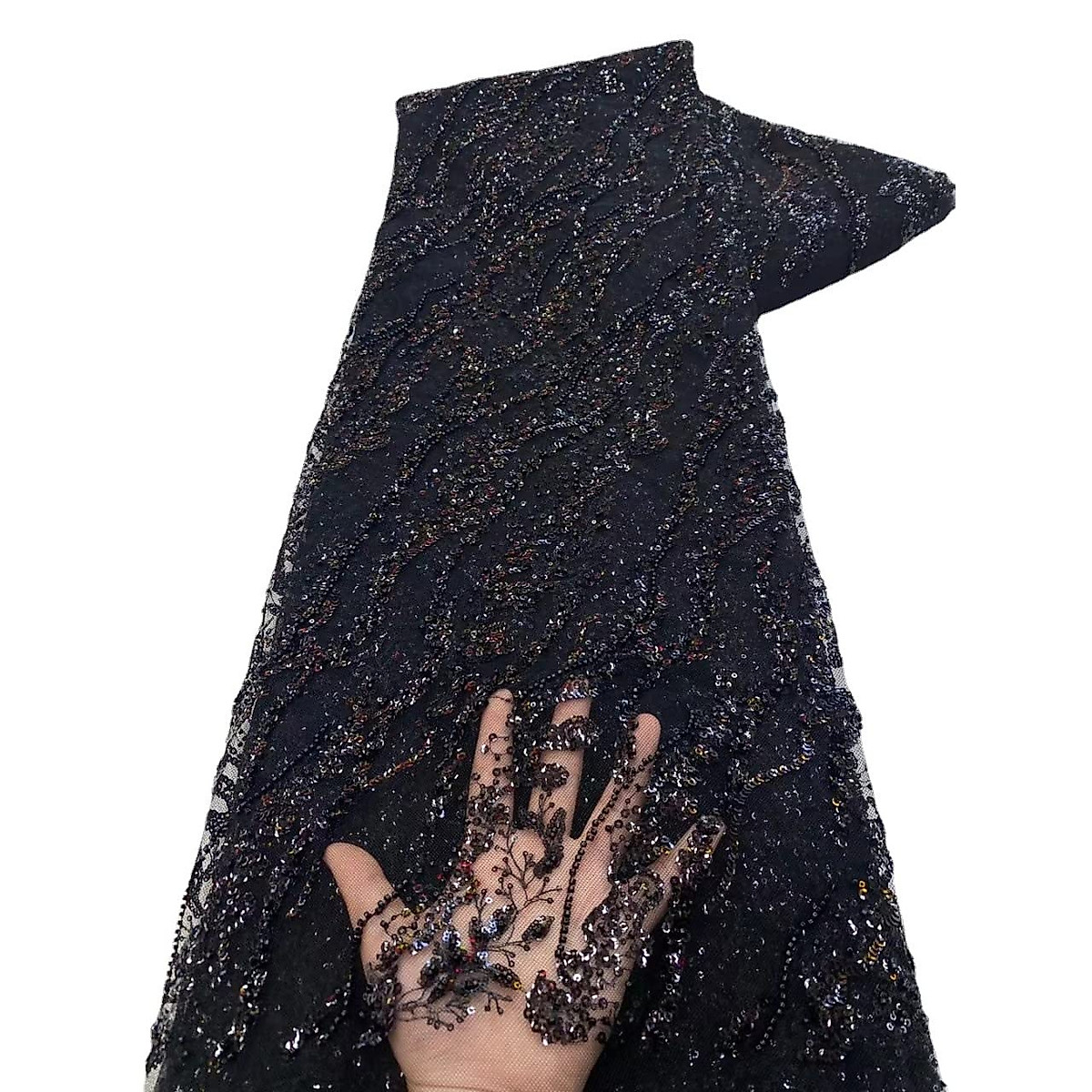 Tngan Embroidered Sequin African Lace Heavy Craft Beading Glitter Floral French Tulle Net Fabric for Trailing Dress, 5 Yards, Black