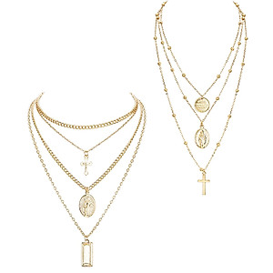 ORAZIO 2PCS Layered Necklace for Women Cross Blessed Virgin Mary Pendant Necklace Chain Gold Tone