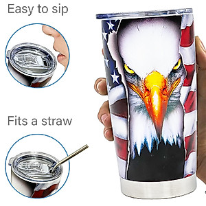 QSLST Eagle Tumbler 20oz Stainless Steel Insulated Coffee Travel Mug - Eagles Cup Coffee Tumbler for Men - 4th of July American Flag Tumbler - Independence Day Cup