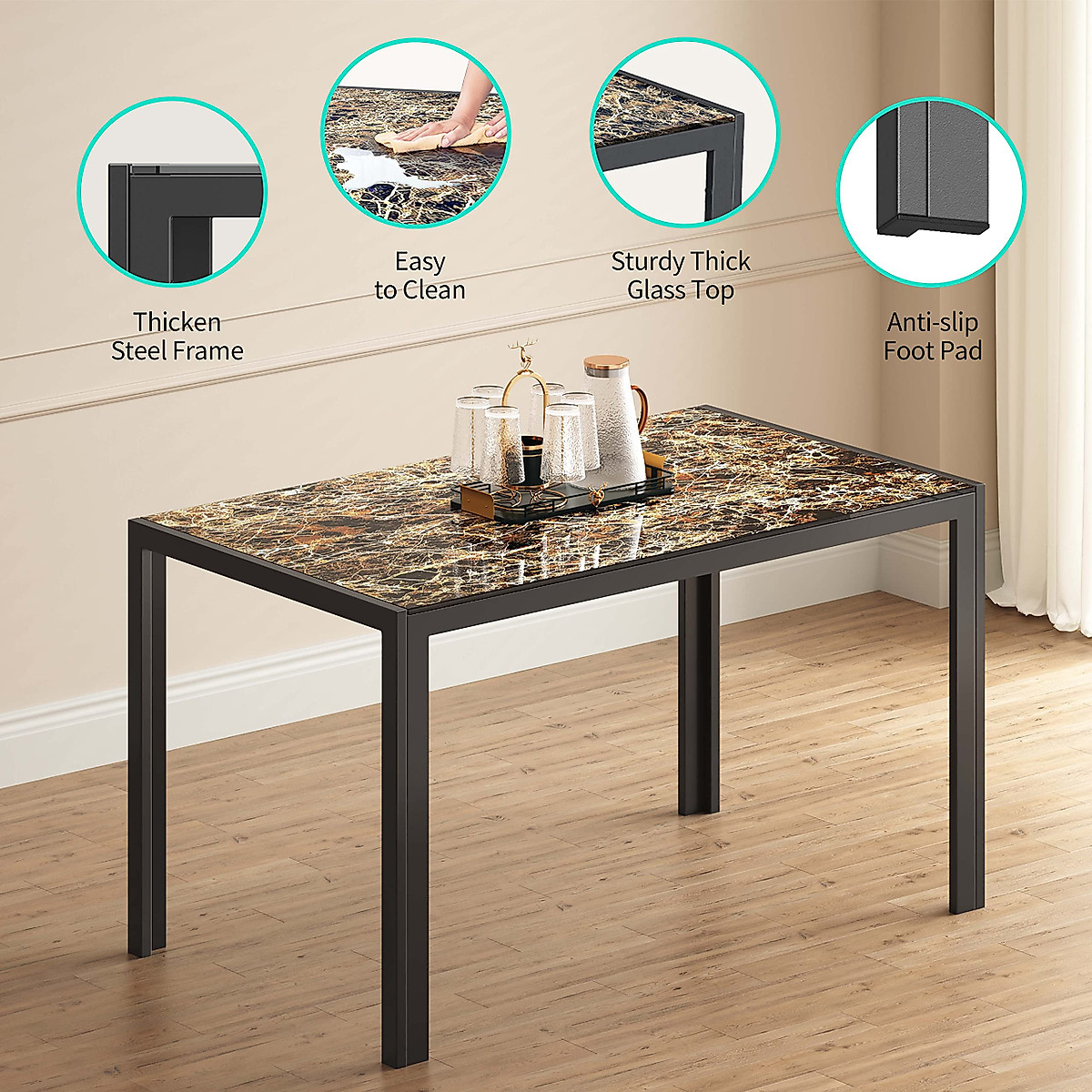 Gizoon 5 Piece Glass Dining Table Set, Kitchen and Chairs for 4, PU Leather Modern Room Sets for Home, Kitchen, Living Room