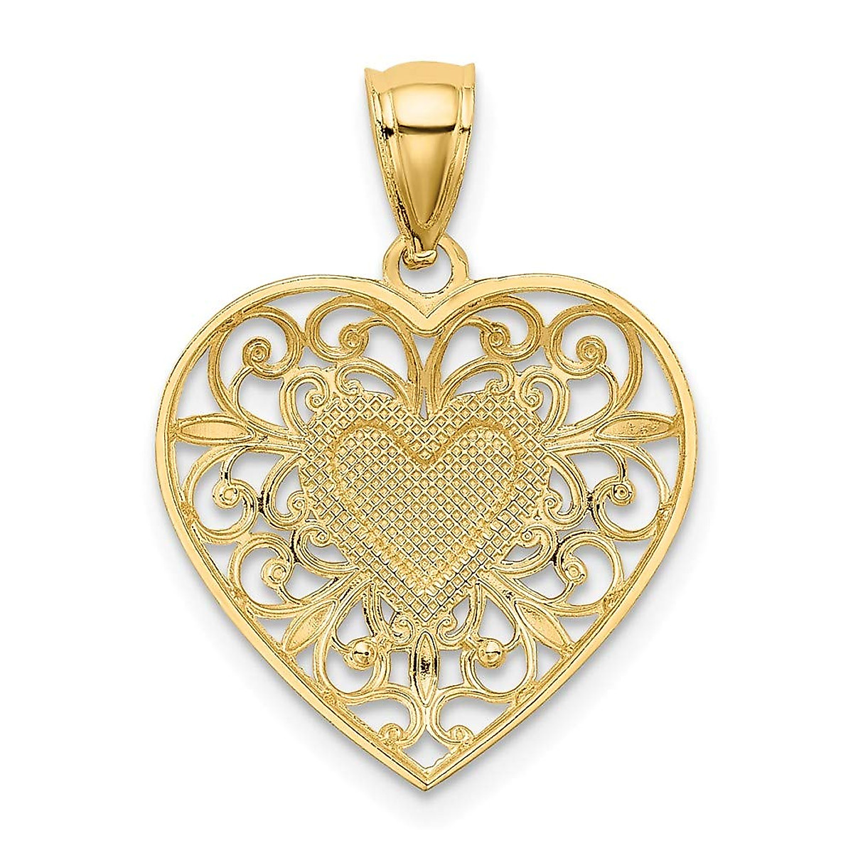 Solid 14k Yellow Gold Two Toned Diamond-Cut Filigree Heart Pendant Charm - 24mm x 17mm