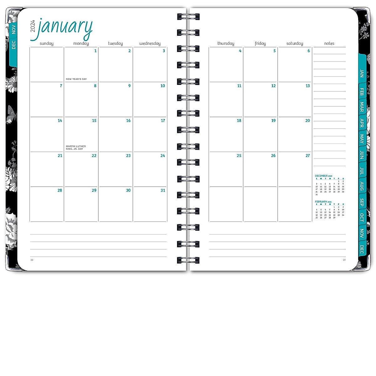 HARDCOVER 2024 Planner: (November 2023 Through December 2024) 5.5"x8" Daily Weekly Monthly Planner Yearly Agenda. Bookmark, Pocket Folder and Sticky Note Set (Monochrome Floral)