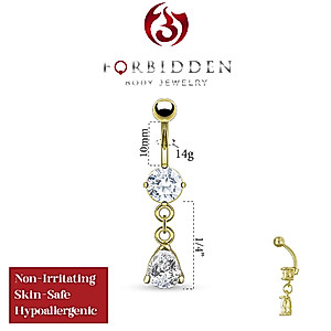 Forbidden Body Jewelry 14k Gold Plated Surgical Steel Clear CZ Crystal Tear Drop Dangle Belly Button Ring