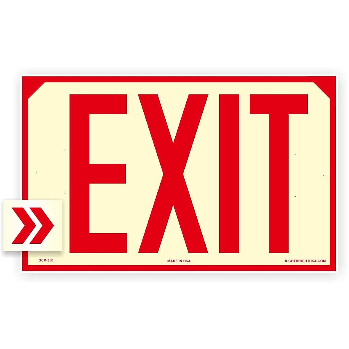 OSHA Photoluminescent Exit Sign (Red) UV Inks on Aluminum 12" x 7.5" | HEAT Resistant | COLD Tolerant | WEATHER Proof. - MADE IN USA - (Directional Arrows Included) | NightBright USA Part Number OCR-050
