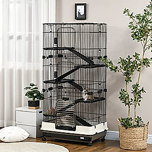 PawHut 60" Small Animal Cage with Wheels, 6-Level Portable Bunny Cage, Chinchilla Ferret Cage with Removable Tray, Platforms and Ramps, Black