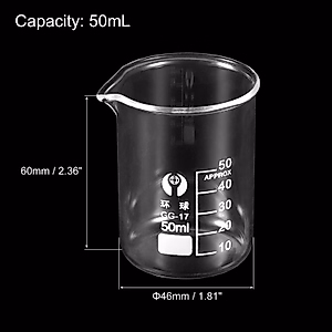 PATIKIL 3Pcs 50ml Low Form Glass Beaker, 3.3 Borosilicate Glass Graduated Printed Scale Measuring Cups with Spout for Kitchen Lab Liquids