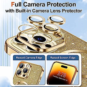 Hython for iPhone 14 Pro Case Glitter, Clear Magnetic Phone Cases with Camera Lens Protector [Compatible with MagSafe] Bling Sparkle Plating Soft TPU Shockproof Protective Cover Women Girls, Gold
