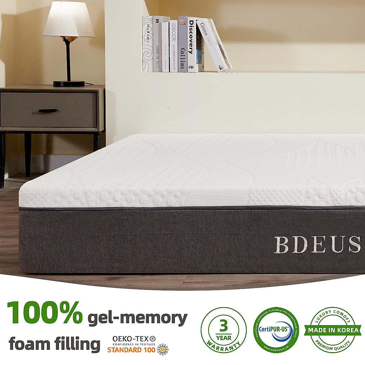 BDEUS 8 inch Gel Memory Foam Mattress for Cooling Sleep Pressure Relief Medium Firm Bed Mattresses CertiPUR-US Certified