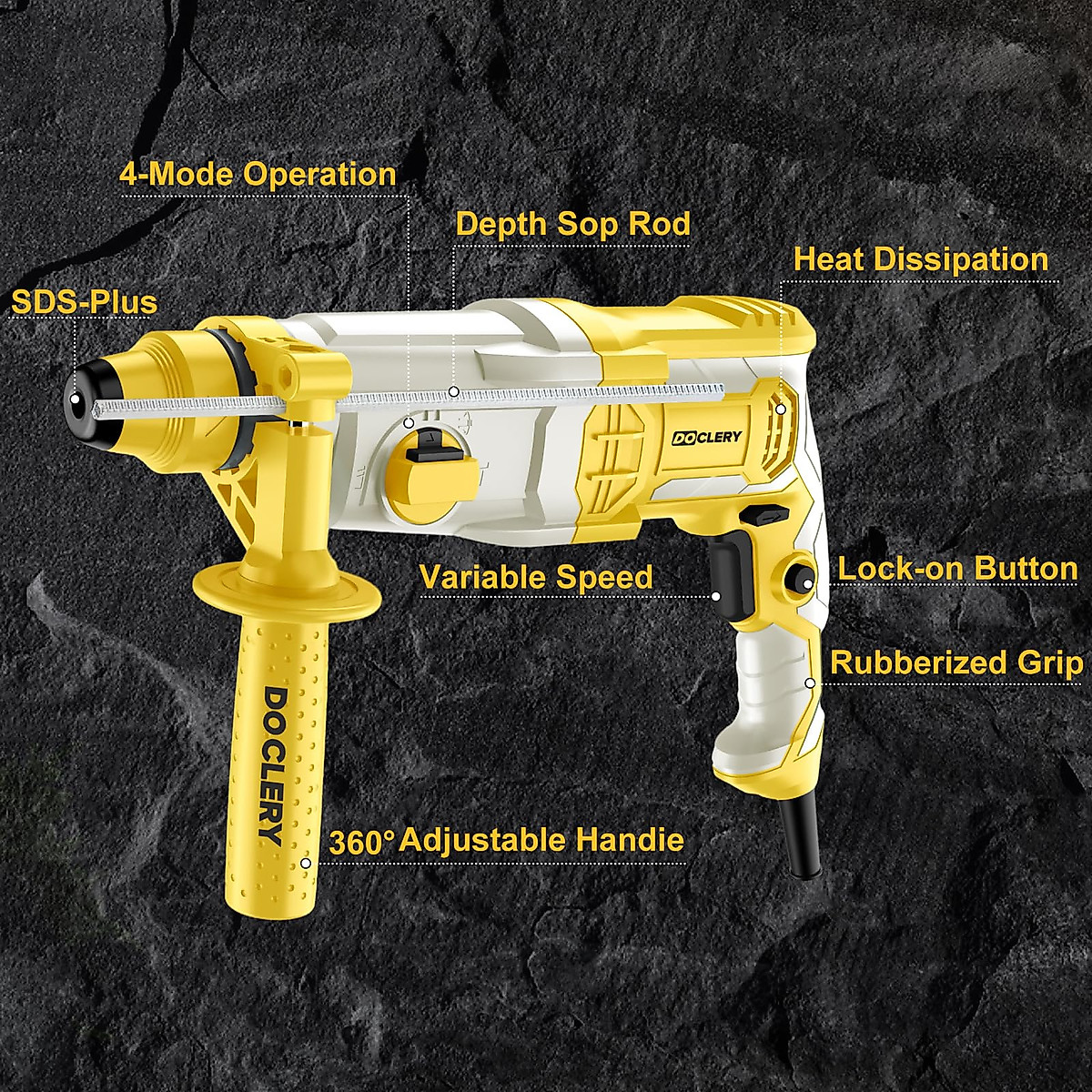 DOCLERY 1-1/4 Inch SDS-Plus Rotary Hammer Drill,7.5AMP,One Knob 4 Functions with Speed Adjustment, 5 SDS-Plus Bits