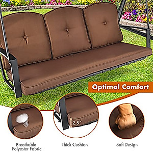 Tangkula 3-Seater Porch Swing, Outdoor Swing with Adjustable Tilt Canopy & Removable Soft Cushions, Powder-Coated Steel Frame Patio Swing for Garden, Poolside, Backyard (Coffee)