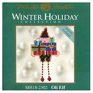 Oli Elf and Holli Elf Beaded Counted Cross Stitch Christmas Ornament Kits Mill Hill Winter Holiday Collection, Plus 'Needleworker' Sticker