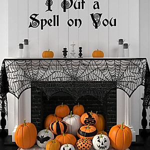 Anditoy 6 Pack Halloween Decorations Sets Spider Webs Tablecloth Fireplace Scarf Runner Round Cobweb Table Cover Lampshade Door Curtain with 24pcs 3D Bats for Halloween Decor Indoor Party Supplies