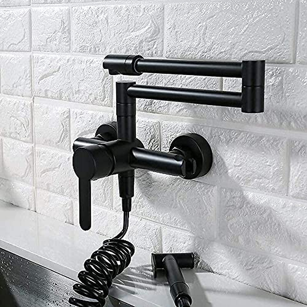 Kitchen Faucet Brass 3-Axis Rotate Foldable with Pull Out Sprayer Wall Mounted Single Handle Mixer Tap,Black
