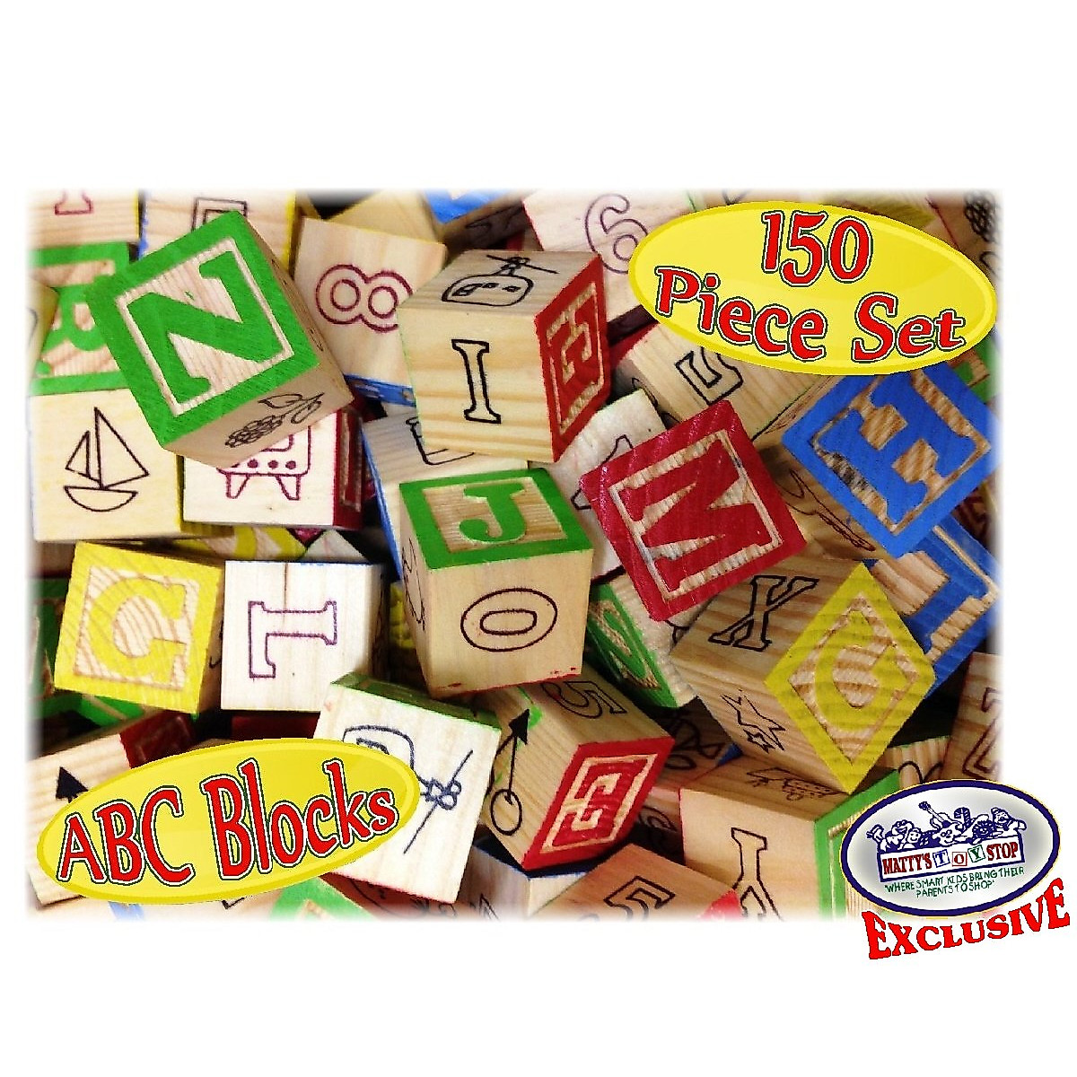 Matty's Toy Stop 150 Piece ABC Stack N' Build Wood Alphabet Blocks Bulk Classroom Set with Exclusive Storage Bag