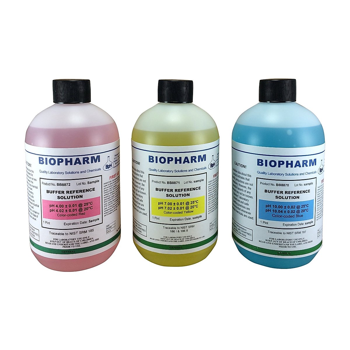pH Buffer Calibration Solution Kit 3-Pack: pH 4.00, pH 7.00, pH 10.00 Buffers — 500 mL (1.06 Pint) Each — Color Coded — NIST Traceable for All pH Meters