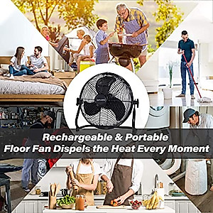 SEYAS Rechargeable Outdoor Floor Fan, 12'' Portable 5200mAh Battery Operated Fan with Metal Blade, Cordless High Velocity Industrial Fan Running 3.5-24 Hours for Patio, Camping, Home and Hurricane
