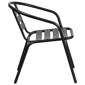 Flash Furniture Patio Dining Set, 55" Tempered Glass Table with Umbrella Hole, 6 Black Metal Aluminum Slat Stack Chairs