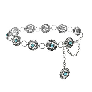 Navoky Turquoise Chain Belts Concho Belt Silver Metal Western Waist Chain Retro Boho Cowgirl Outfit Accessories for women (D, Medium)