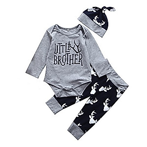 3PCS Newborn Baby Boys Cute Little Brother Romper+Pants+Hat Outfits Matching Set (0-6 Months, Little Brother)