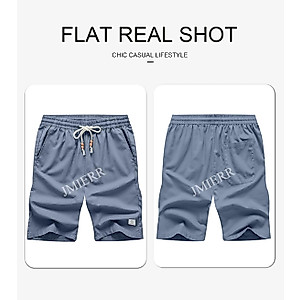 JMIERR Men Shorts Linen Cotton Casual Classic Fit Flat Front Elastic Waist Drawstring Lightweight Summer Beach Shorts for Men US 34 (Medium) Blue