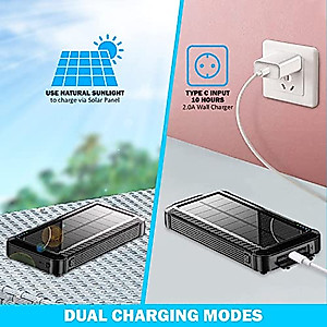 MauveStone Solar Power Bank - Portable Charger with LED Flashlight - Wireless Charging Enabled, with Built-In USB-C, Micro-USB & Cable Compatible with Apple & Android Phones - Waterproof