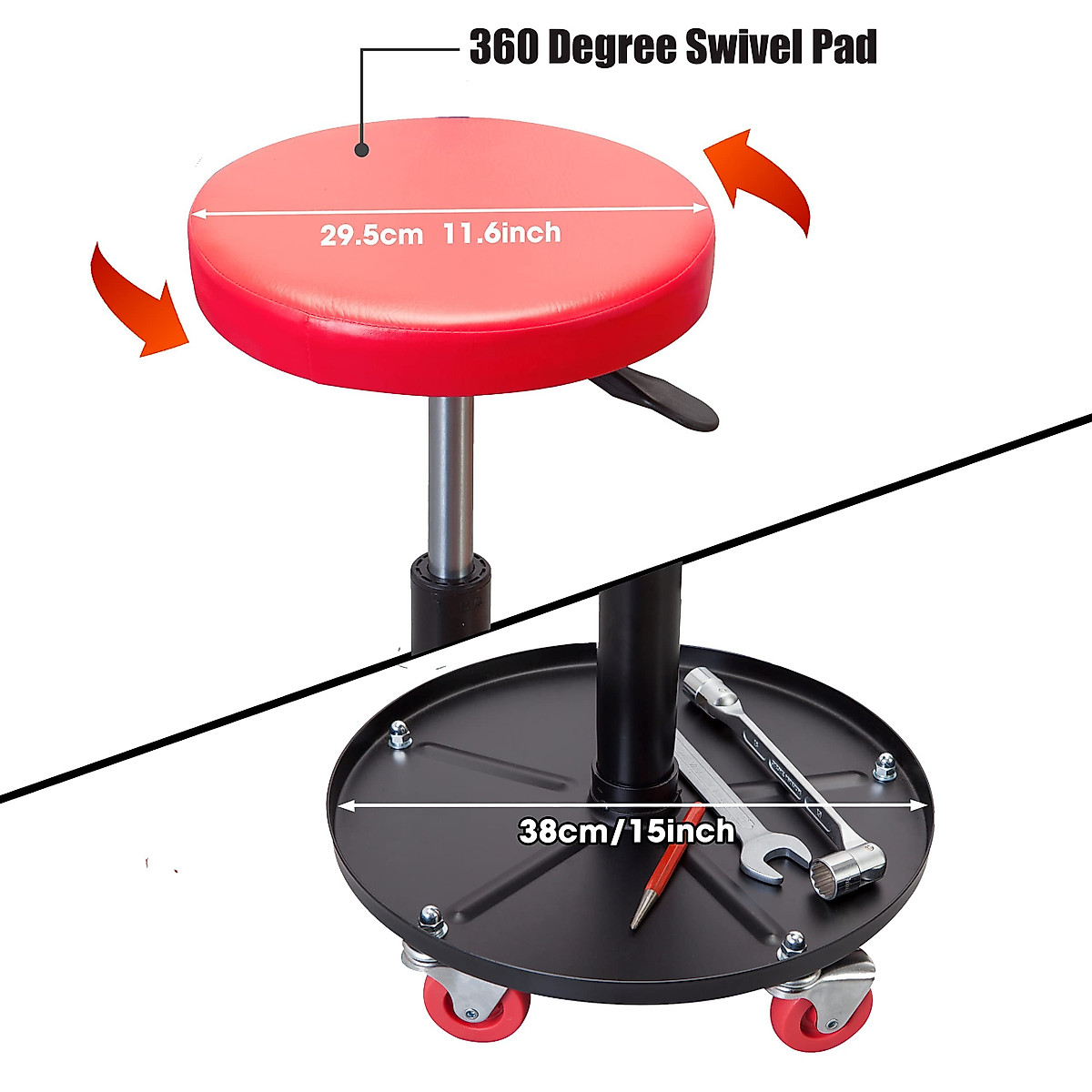 TCE Duty Rolling Pneumatic Creeper Garage/Shop Seat: Padded Adjustable Mechanic Stool with Tool Tray Storage, Red,ATRHL6201U
