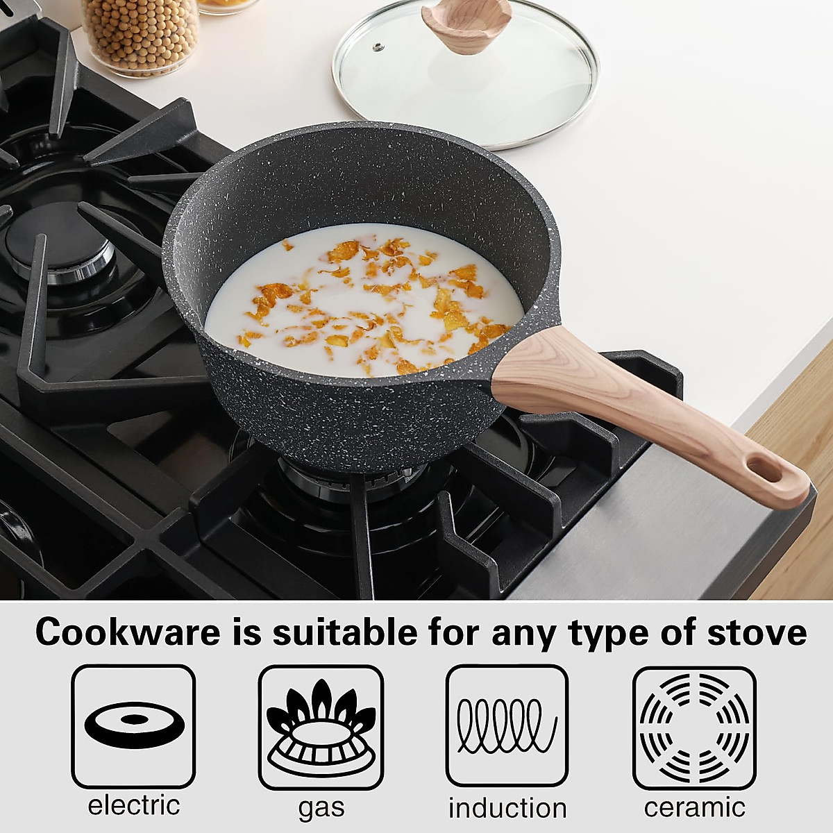 Kordisen 1.5 Qt Sauce Pan with Lid, Non Stick Small Pot with Granite Coating, Saucepan with Pour Spout, Multipurpose Handy Induction Pot, Cooking Pot, PFOA/PFOS Free
