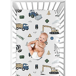 Sweet Jojo Designs Construction Truck Boy Fitted Crib Sheet Baby or Toddler Bed Nursery - Grey Yellow Black Blue and Green Transportation