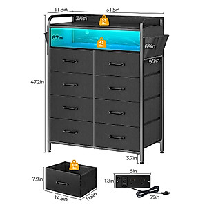 Rolanstar Dresser with Power Outlets and LED Lights, 8 Drawers Dresser with Side Pockets, Fabric Chest of Drawers with PU Finish, Tall Dresser with Sturdy Frame & Wood Top for Bedroom, Black