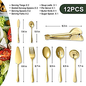 Gold Serving Utensils,12 Pcs Stainless Steel Serving Utensil with Serving Spoon,Slotted Spoons,Serving Forks,Soup Ladle,Serving Tongs,Pie Server,Butter Knife Serving Utensils Set for Parties,Buffe