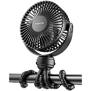 Gaiatop Mini Portable Stroller Fan, Battery Operated Small Clip on Fan, Detachable 3 Speed Rechargeable 360° Rotate Flexible Tripod Handheld Desk Cooling Fan for Car Seat Crib Treadmill Travel Black