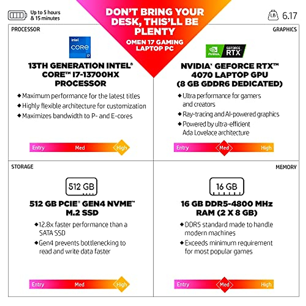 HP OMEN 17 inch Laptop, QHD 165Hz Display, 3ms Response Time, Intel Core i7-13700HX, 16 GB RAM, 512 GB SSD, NVIDIA GeForce RTX 4070 GPU (8 GB), Windows 11 Home, 17-cm2020nr (2023), Black