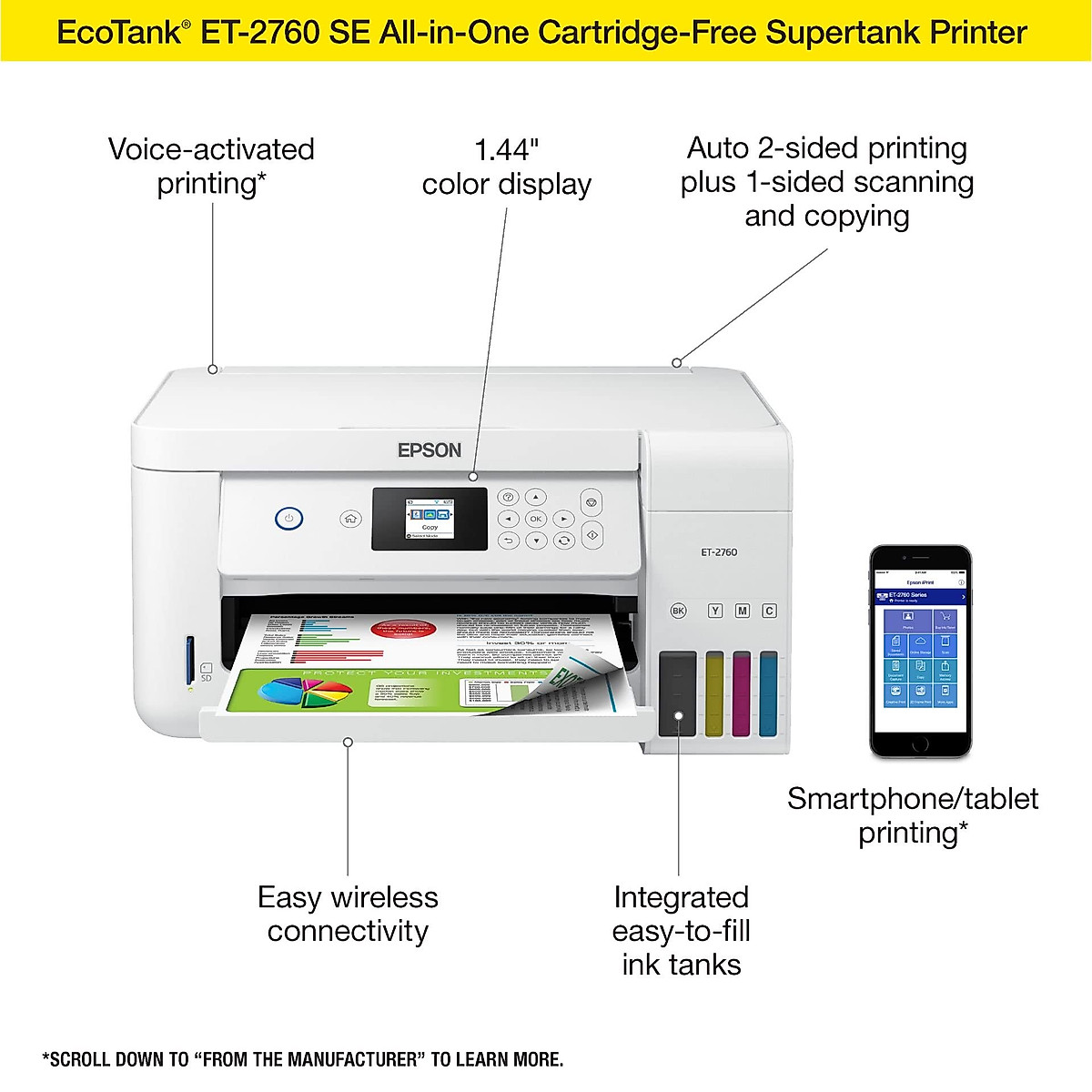 Epson EcoTank ET 2760 Wireless Color Inkjet Cartridge-Free All-in-One Supertank Printer, Mobile Print, Copy Scan, Auto 2-Sided Printing, Voice Activated, with Bonus Black Ink