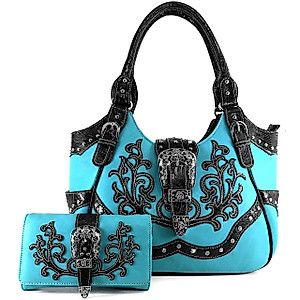 Justin West Tooled Laser Cut Leather Floral Embroidery Rhinestone Buckle Studded Shoulder Concealed Carry Tote Style Handbag Purse (Turquoise Purse and Wallet Set)