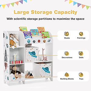 HONEY JOY Kids Toy Storage Organizer, Wooden Storage Unit with 2 Storage Boxes, Toddler Storage Display Bookshelf Daycare Furniture for Playroom, Children’s Room, Living Room(Planet)