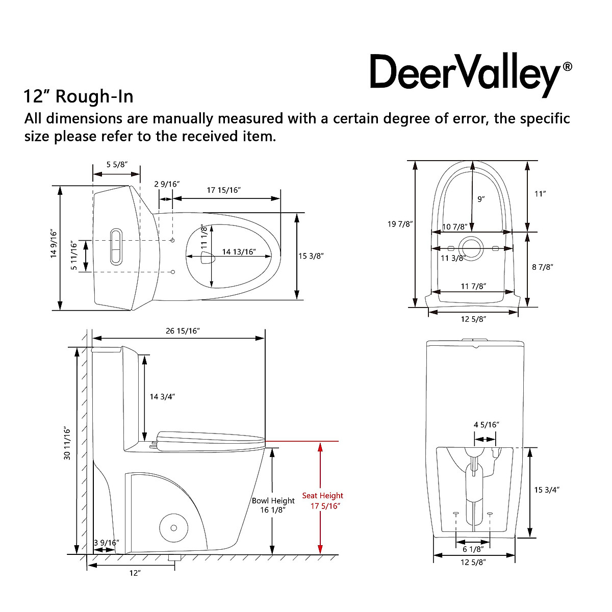 DeerValley Toilet, Elongated One Piece Toilet for Bathrooms, Comfortable Chair Seat Height 17", Dual Power Flush Toilet 1.1/1.6 GPF and MAP 900g, 12'' Rough-In Toilet Bowl