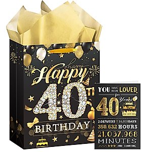 EoBeCy 40th Birthday Gift Bag: Black Gold Happy Birthday Gift Bag with Card and Tissue Papers for 40 Year Old Men Women Birthday Gift Wrap Bags with Handles for 40th Birthday Party Gift Bags