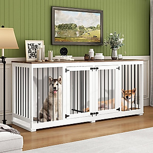 DAWNSPACES Double Dog Crates Furniture for Large Dogs, 71" Heavy Duty Wooden Large Dog Kennel with Removable Divider for 2 Dogs, Indoor Furniture Style Dog Crate House TV Stand, White