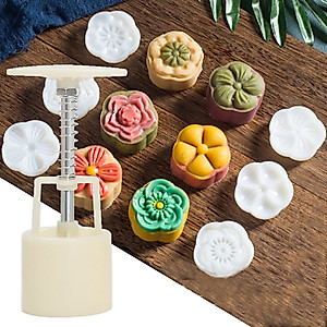 Mooncake Molds Set, Mid-Autumn Festival Hand-Pressure Moon Cake maker 6 pcs for baking, DIY Hand Press Cookie Stamps Pastry Tool(1 Mold, 6 Stamps). (50G)