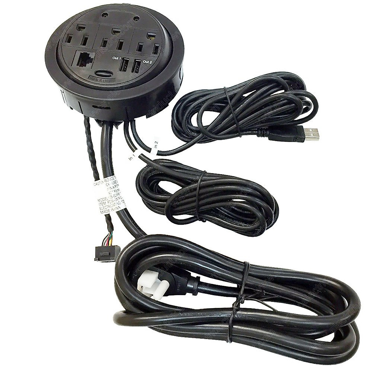 Power Tap Grommet with Hidden Power Center w/ 3 Power, 2 USB & 1 Cat5E - 2 Pack - Black