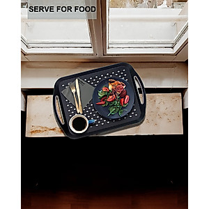 Large Nonslip Serving Tray with Handles, Silicone Grippy Dots Food Trays for Eating, Dishwasher Safe Lap Trays for Breakfast Dinner Snack Fruit Appetizers Beverage, Rectangular, Set of 2, Black